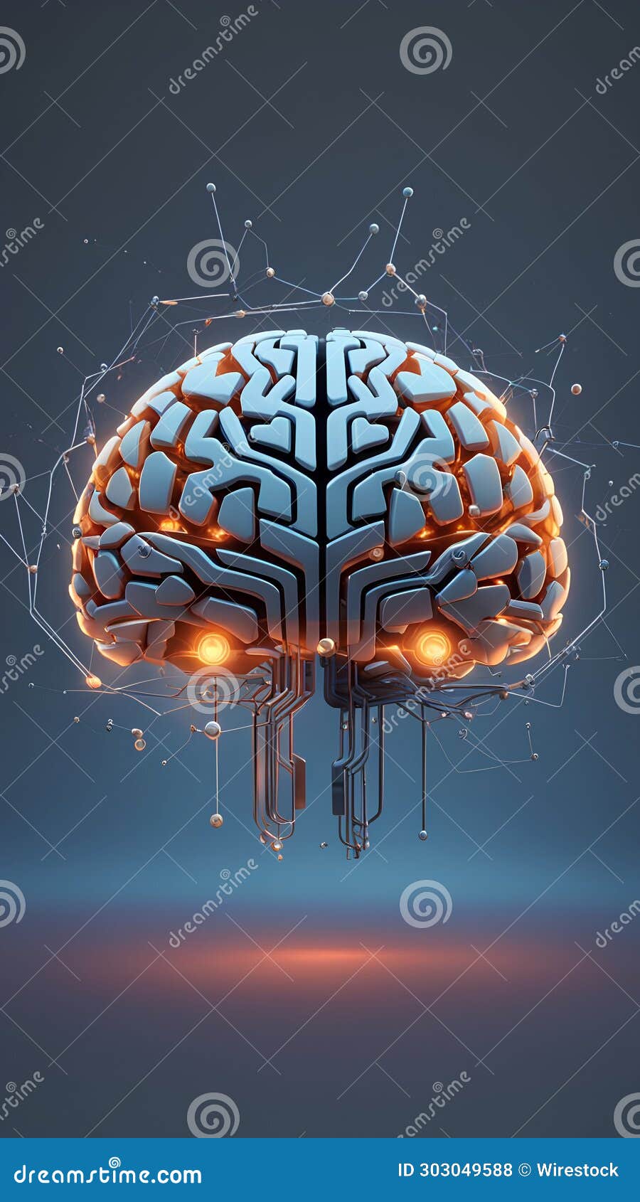 A Human Brain with Glowing Dots Around it and Connected Wires in the ...