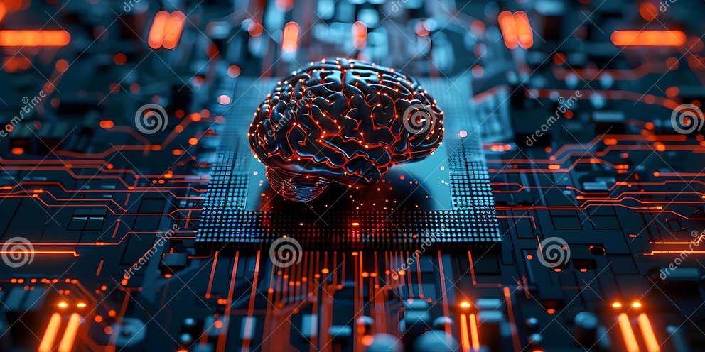 Human Brain and Glowing Processor Symbolize Fusion of Human ...