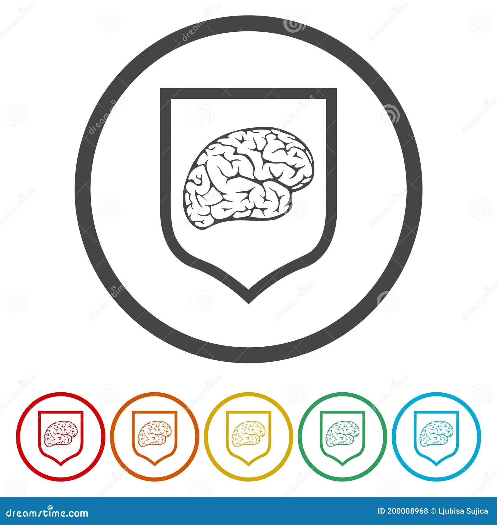 Human Brain with Guard Shield Ring Icon, Color Set Stock Vector ...