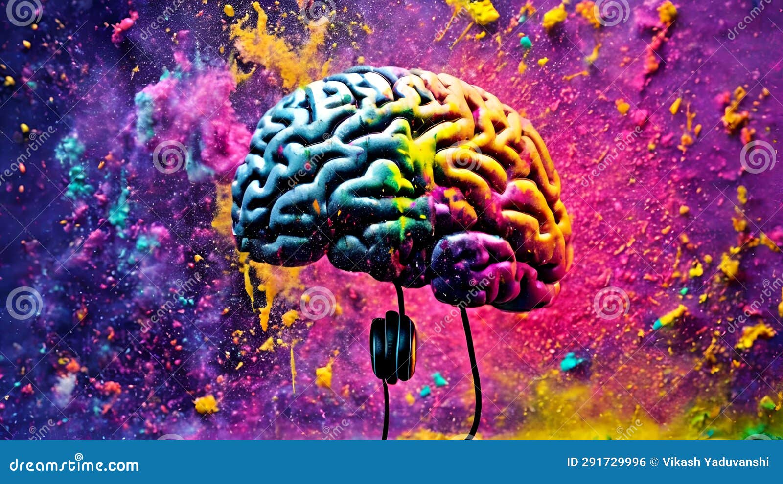 Human Brain with Headphones and Colorful Paint Splashes. 3D Rendering ...