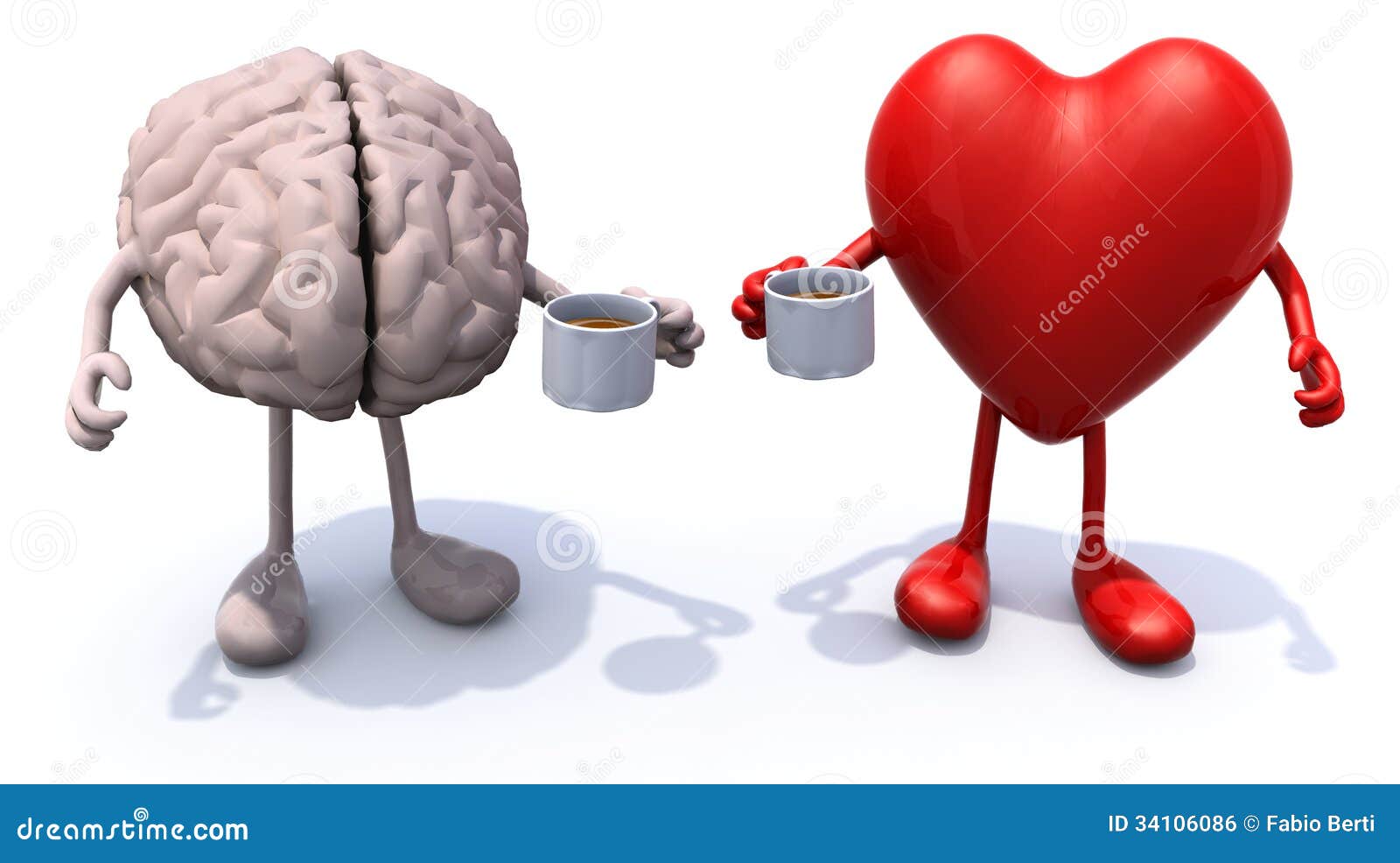 Human Brain and Heart with Arms and Legs and Cup of Coffee Stock ...