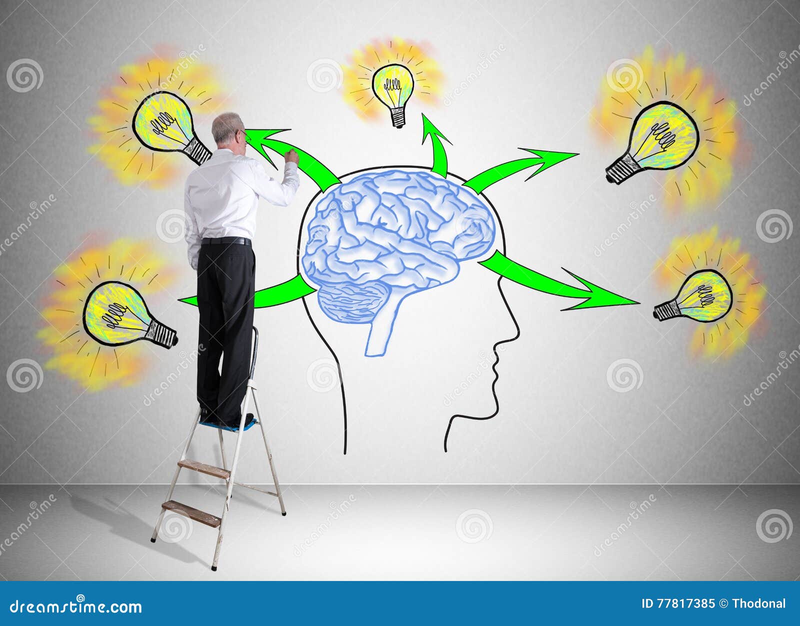 Human Brain Ideas Concept Drawn by a Man on a Ladder Stock Image ...