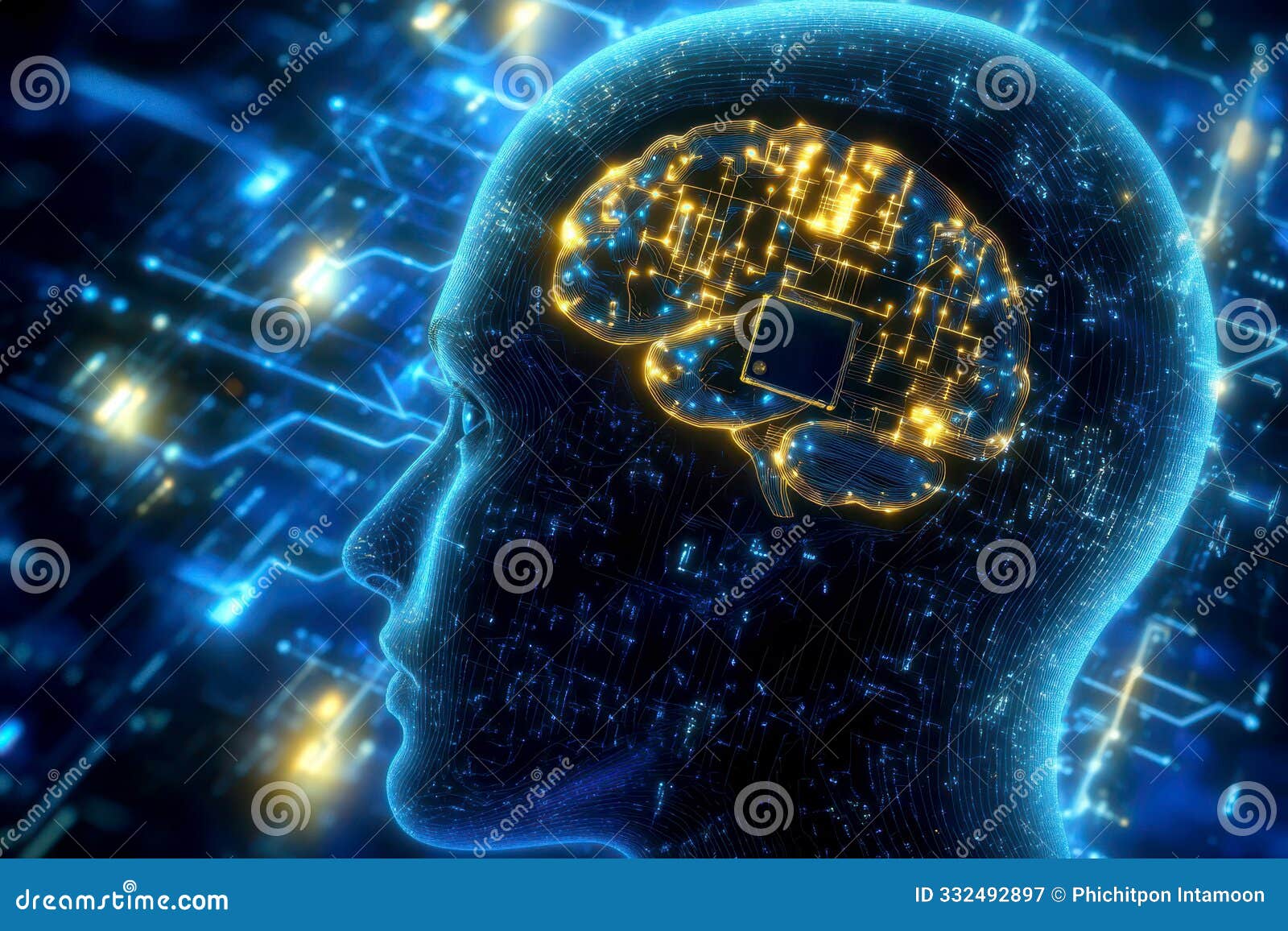 Human Brain with Implanted Neural Ink Chip Implanted, Neural Connection ...