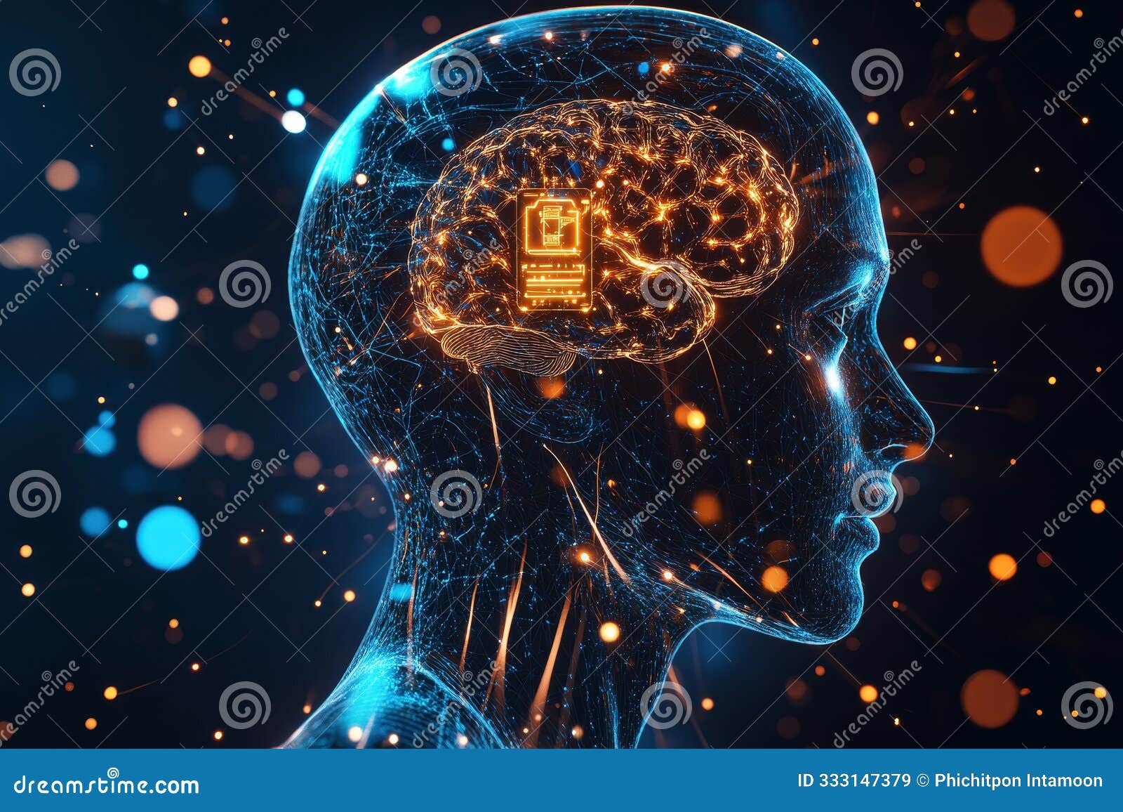 Human Brain with Implanted Neural Ink Chip Implanted, Neural Connection ...