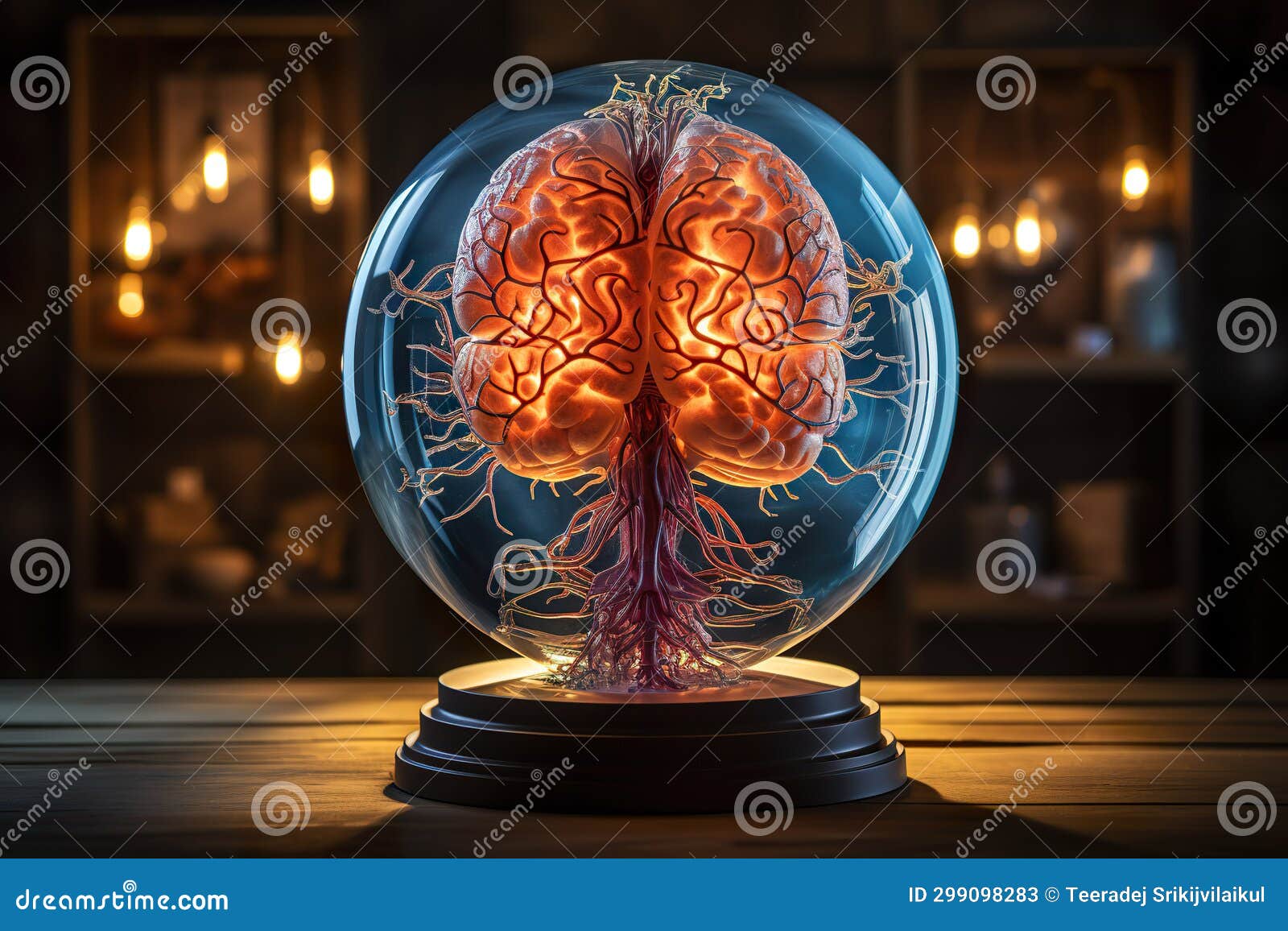 Human Brain Inside a Crystal Ball on a Wooden Table. Generative AI ...