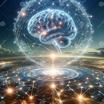 A Human Brain Intertwined with Digital and Network Elements. Stock ...