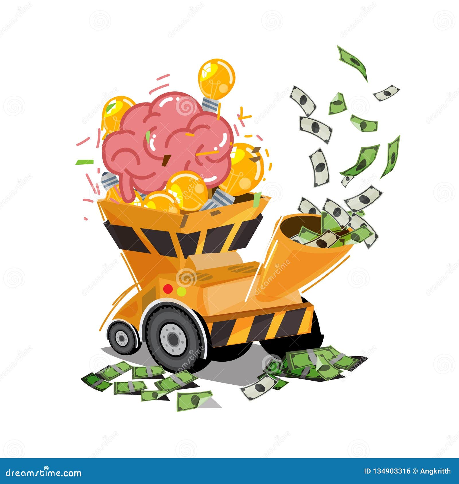 Human Brain with Light Bulb of Idea in Chipper Machine and Output To ...