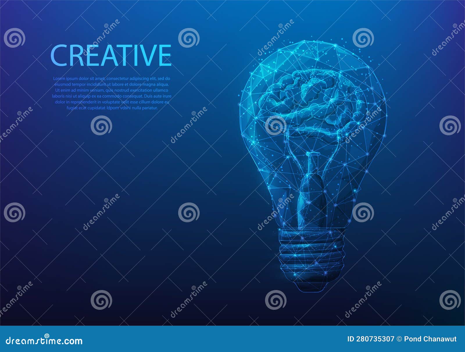 Human Brain Light Bulb Low Poly Wireframe. Creative Idea Innovation ...