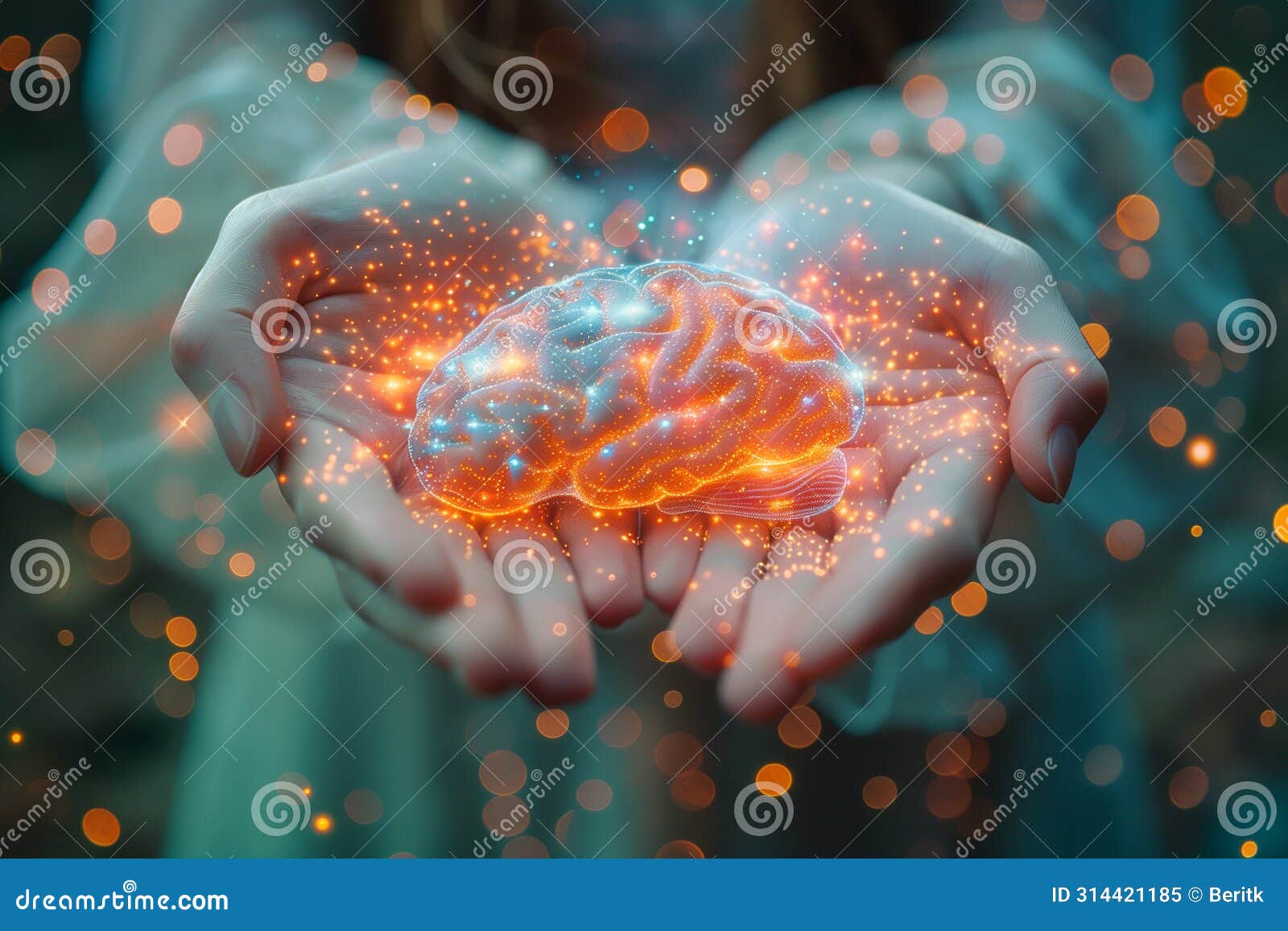 Human Brain with Light, Self Care and Mental Health Concept, Positive ...