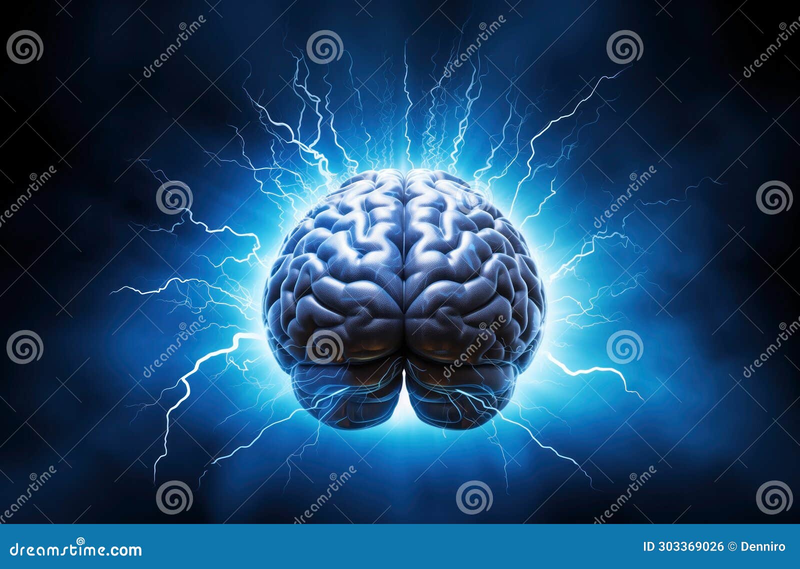 Human Brain with Lightning Bolts on Dark Blue Background Stock ...
