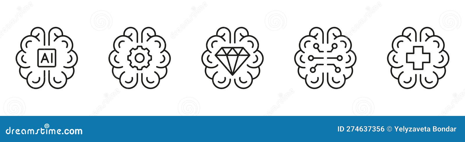Human Brain and Machine Learning Symbol Collection on White Background ...
