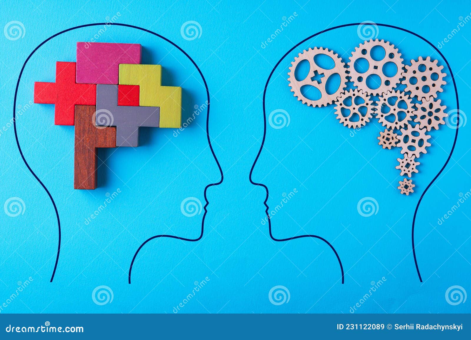 Human Brain is Made Gear Mechanism and Colourful Shapes on Blue ...