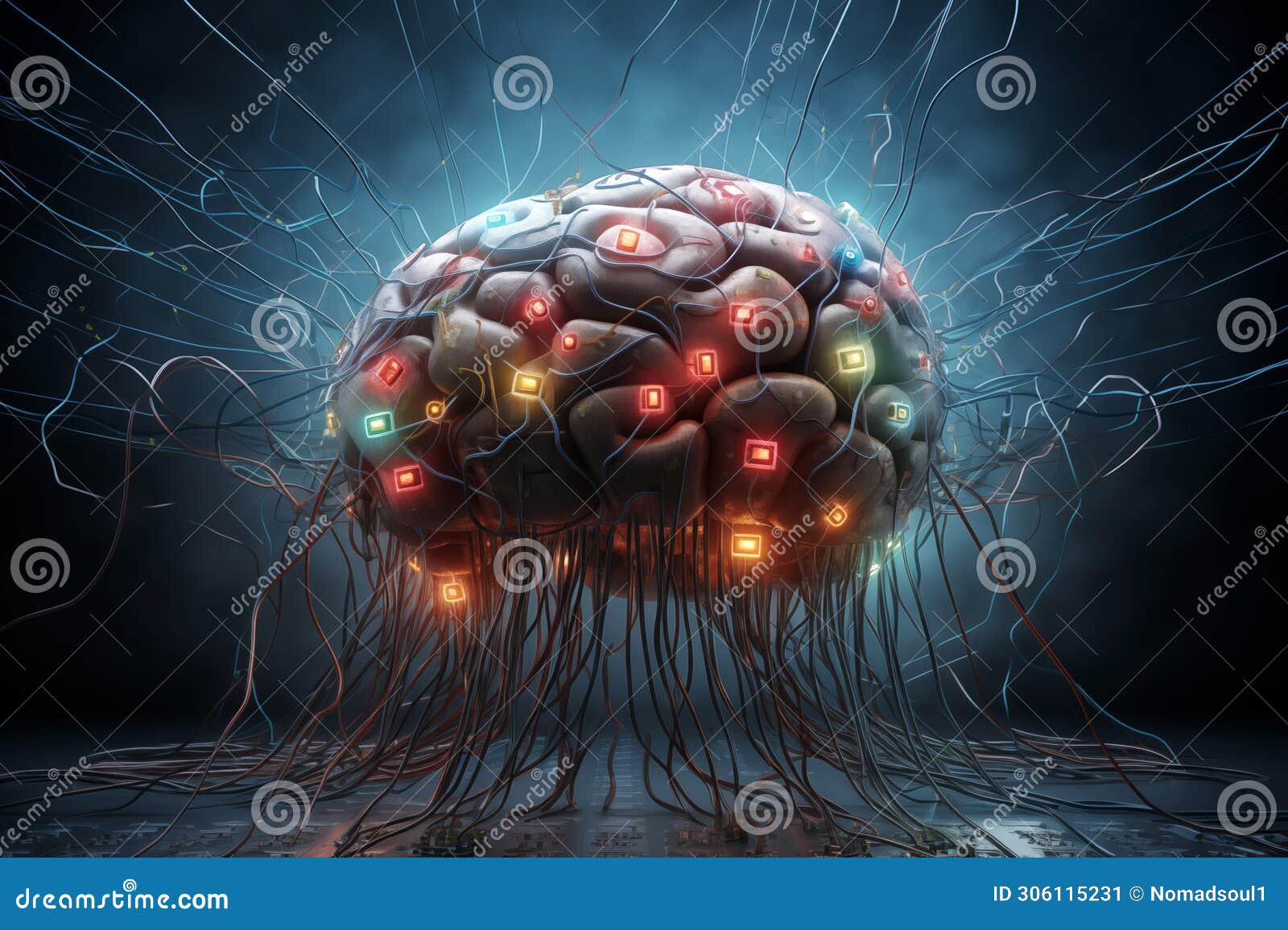Human Brain with Many Connected Cables and Wires. Generative AI Stock ...