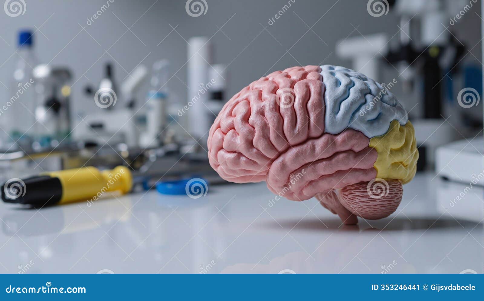 Human Brain Model with Highlighted Areas Neurology Lab in Background ...