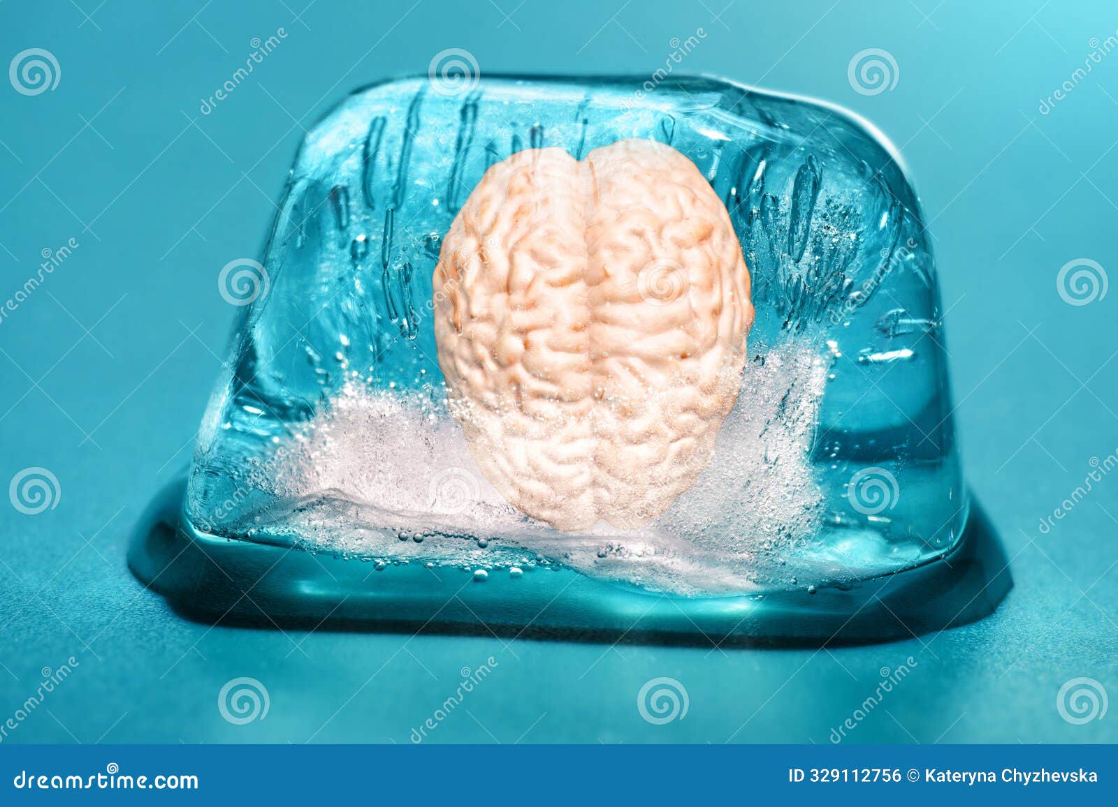 Human Brain Model Trapped Inside Ice Block on Blue Background Stock ...