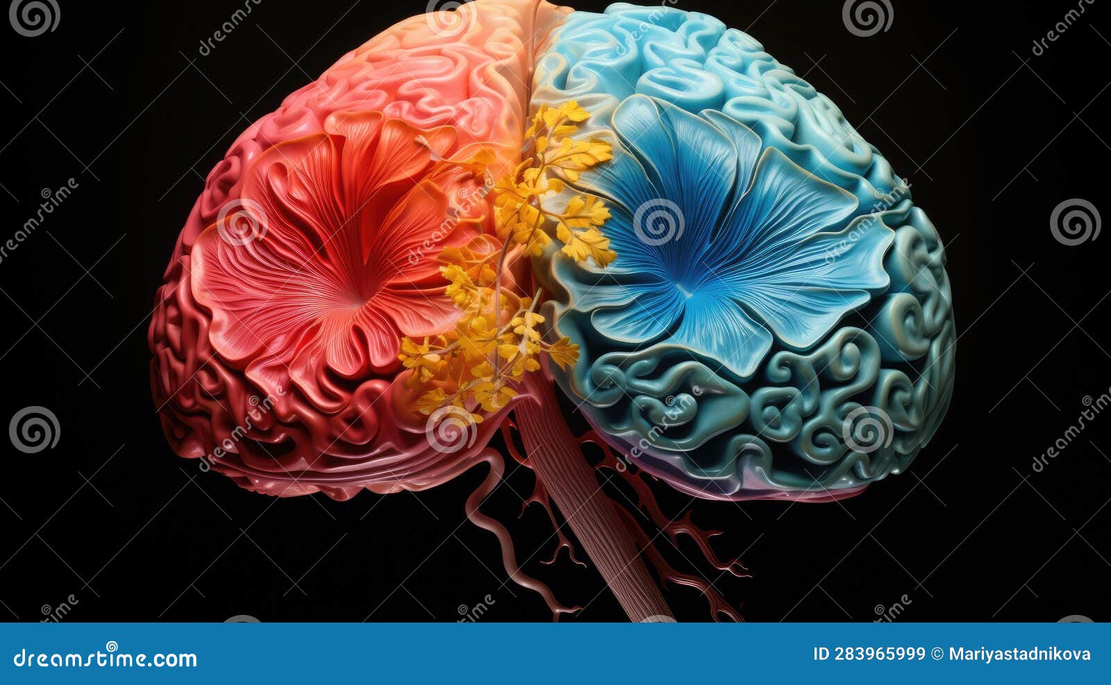 Human Brain with Multicolored Twists and Flowers Close-up on Black ...