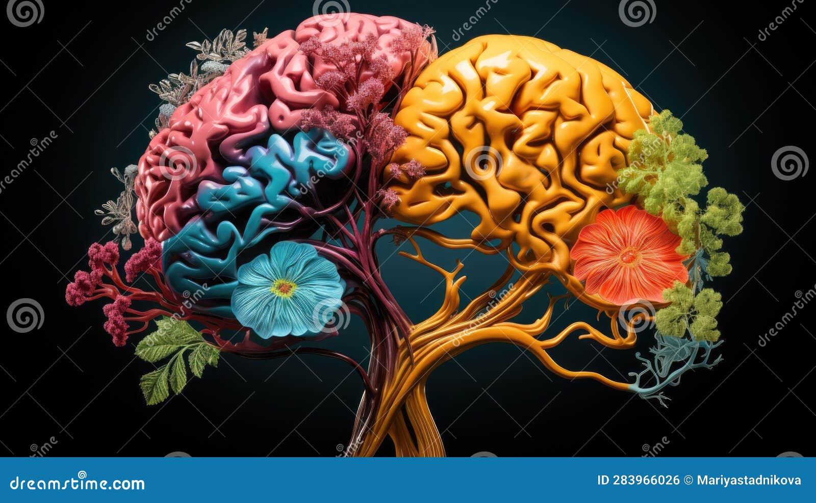 Human Brain with Multicolored Twists and Flowers Close-up on Black ...