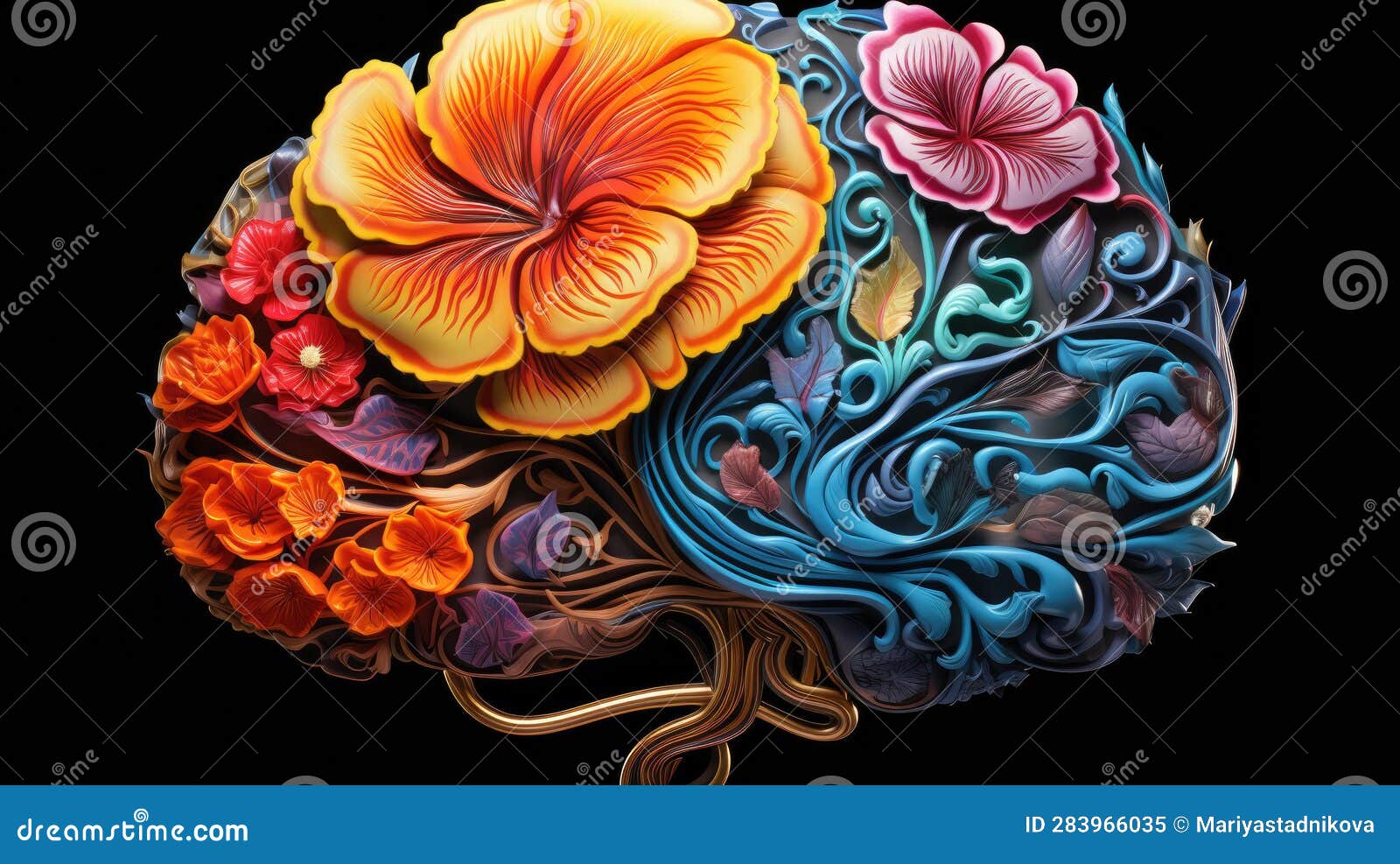 Human Brain with Multicolored Twists and Flowers Close-up on Black ...