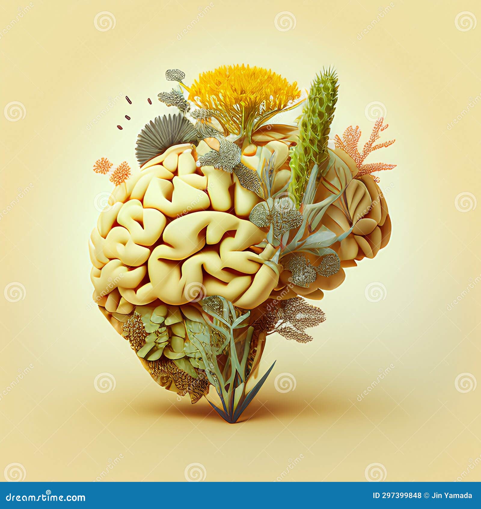 Human Brain with Plants and Flowers. 3d Render. Vector Illustration ...