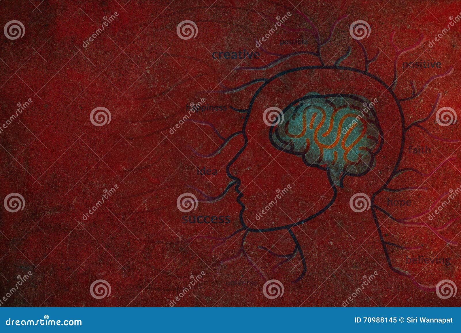 Human Brain and Positive Thinking on Red Grunge Background Stock ...