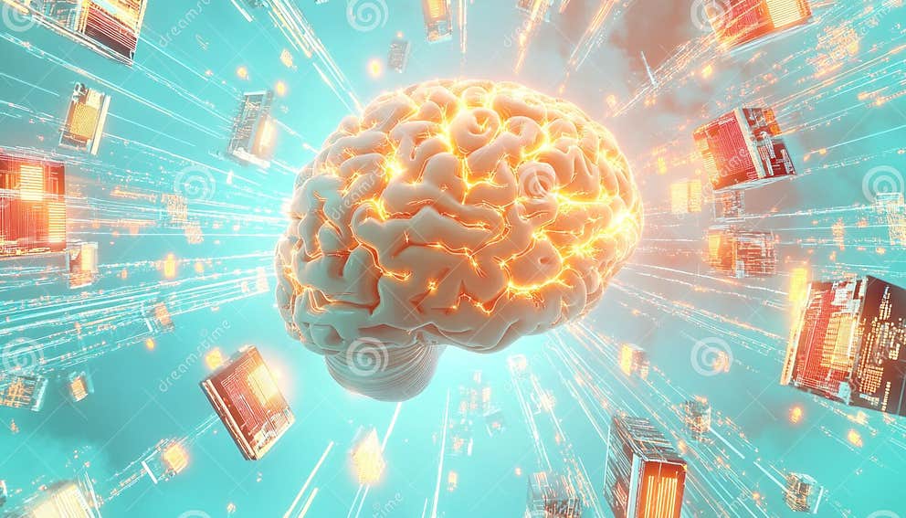 Human Brain Receiving Data from Multiple Computer Chips Stock Illustration - Illustration of ...
