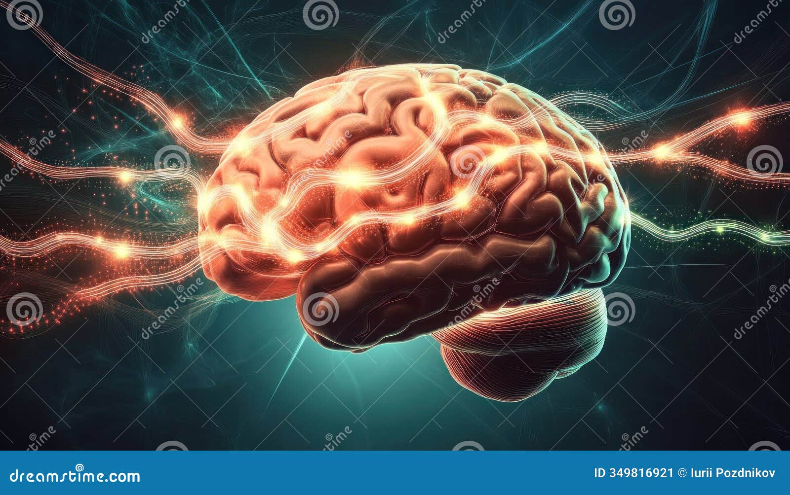 Human Brain Receiving Energy Waves, Showing Neural Activity and ...