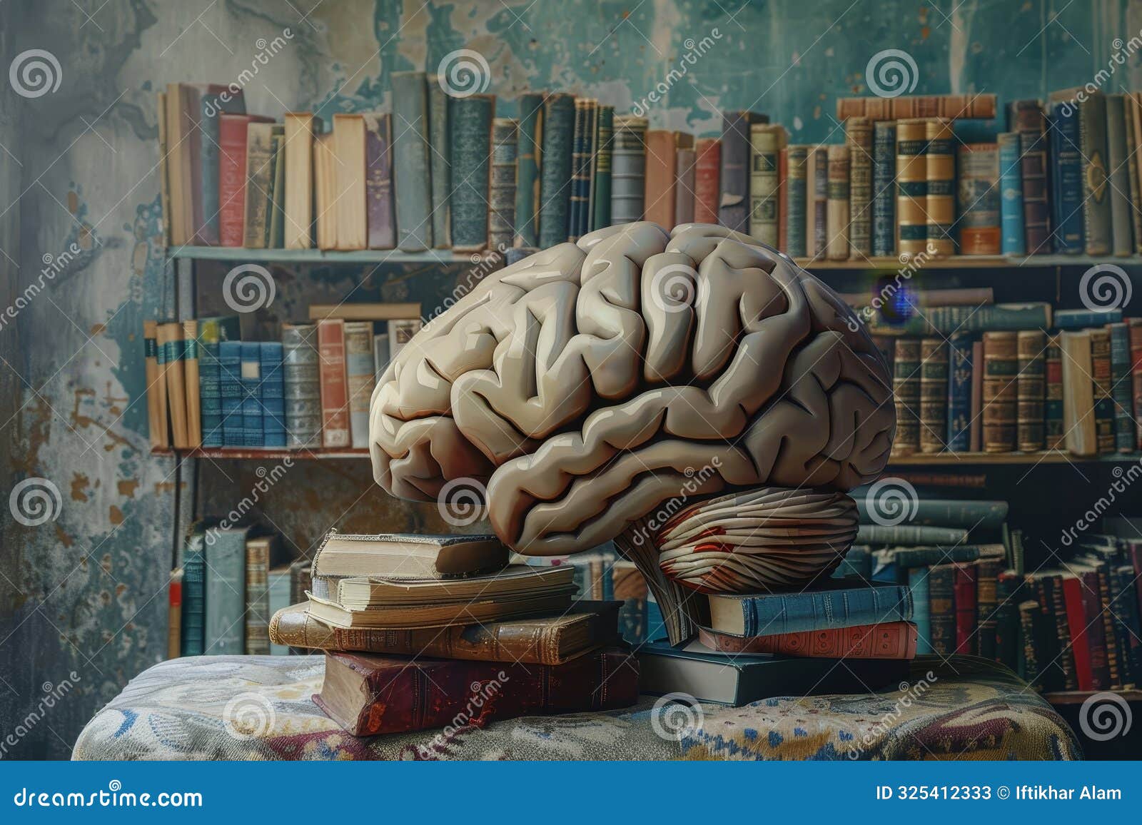 A Human Brain, Rendered in a Surreal Style, Rests on a Stack of Books ...