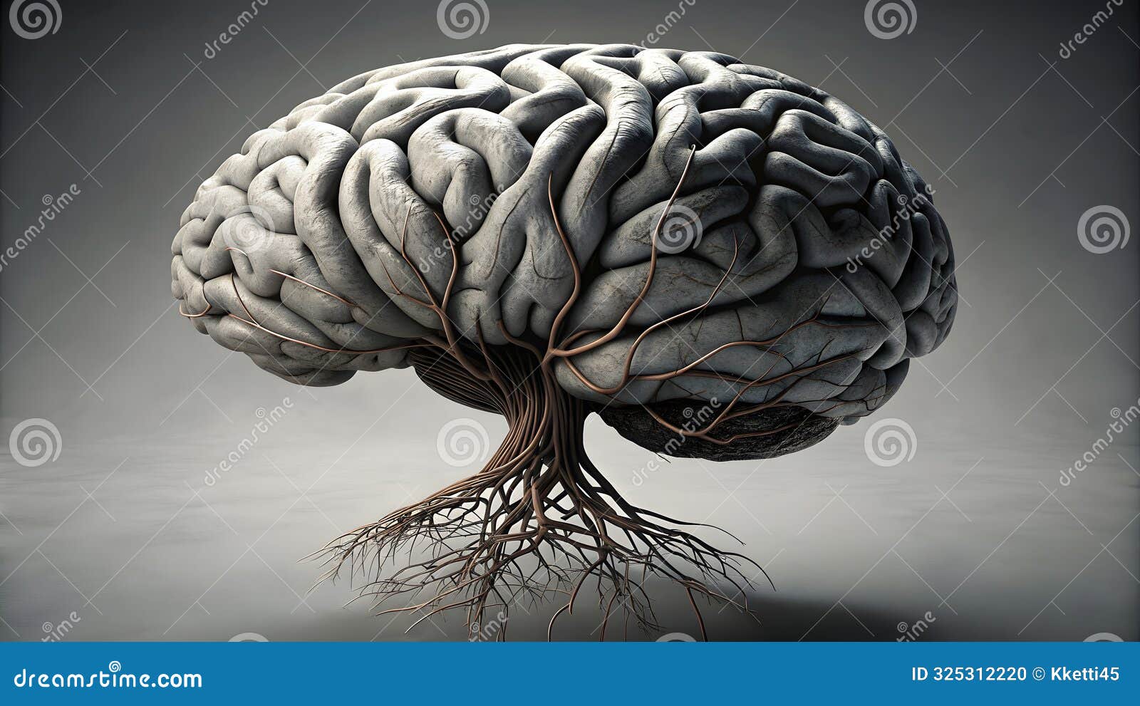 Human Brain with Roots in Front of Grey Background Stock Illustration ...