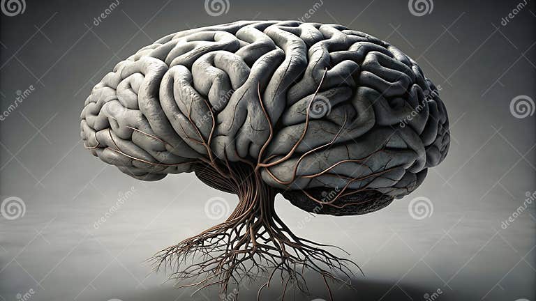 Human Brain with Roots in Front of Grey Background Stock Illustration ...