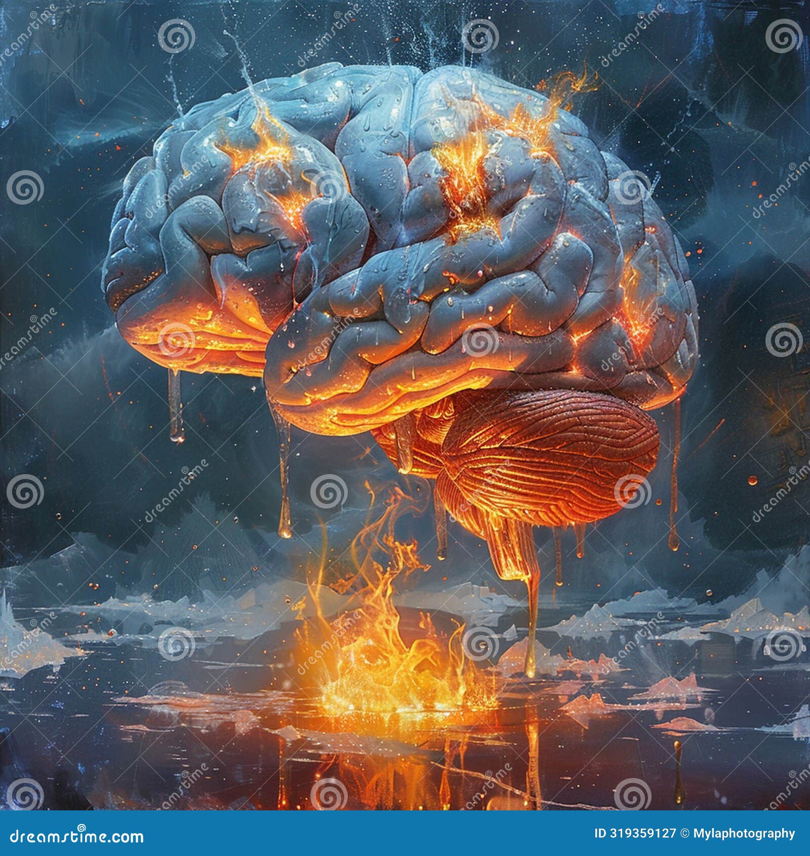 The Human Brain Shown with Flames Stock Illustration - Illustration of ...