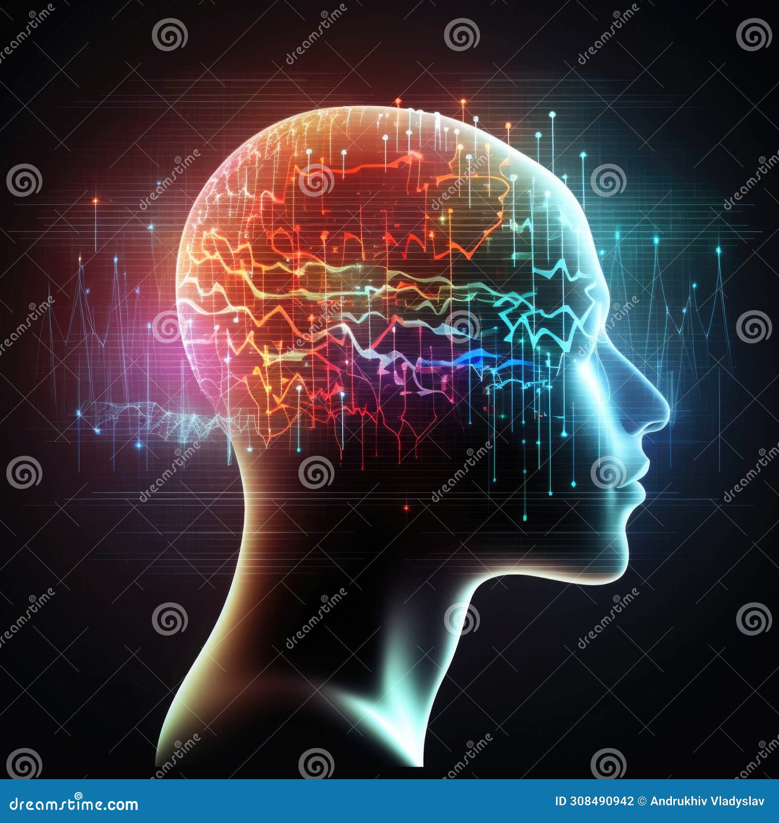Human Brain Signal. Deep Learning Concept. Human Head and Brain Stock ...