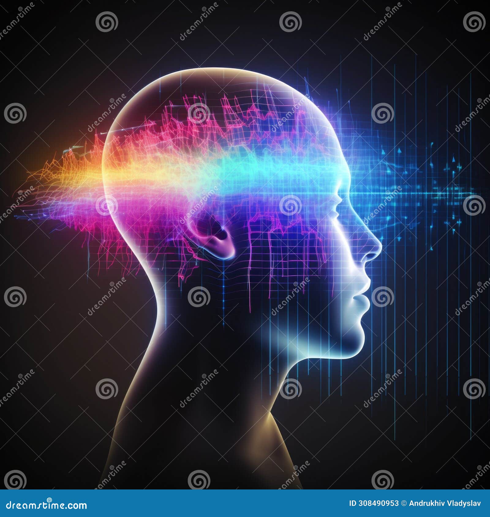 Human Brain Signal. Deep Learning Concept. Human Head and Brain Stock ...