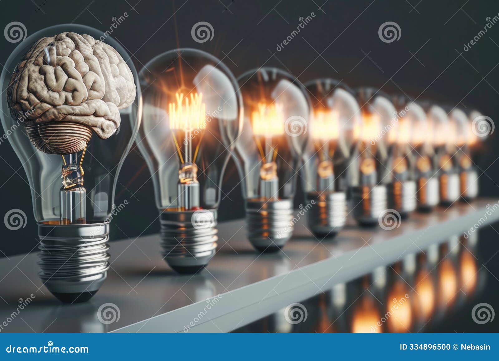 A Human Brain Sits Inside a Lightbulb, Surrounded by Other Lit Bulbs ...