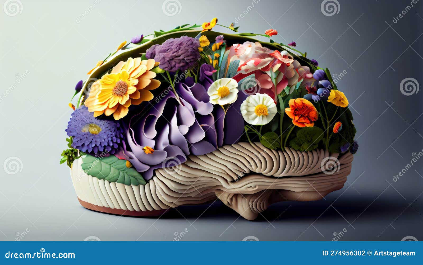 Human Brain with Spring Flowers Symbolising Mental. AI Generated Stock ...