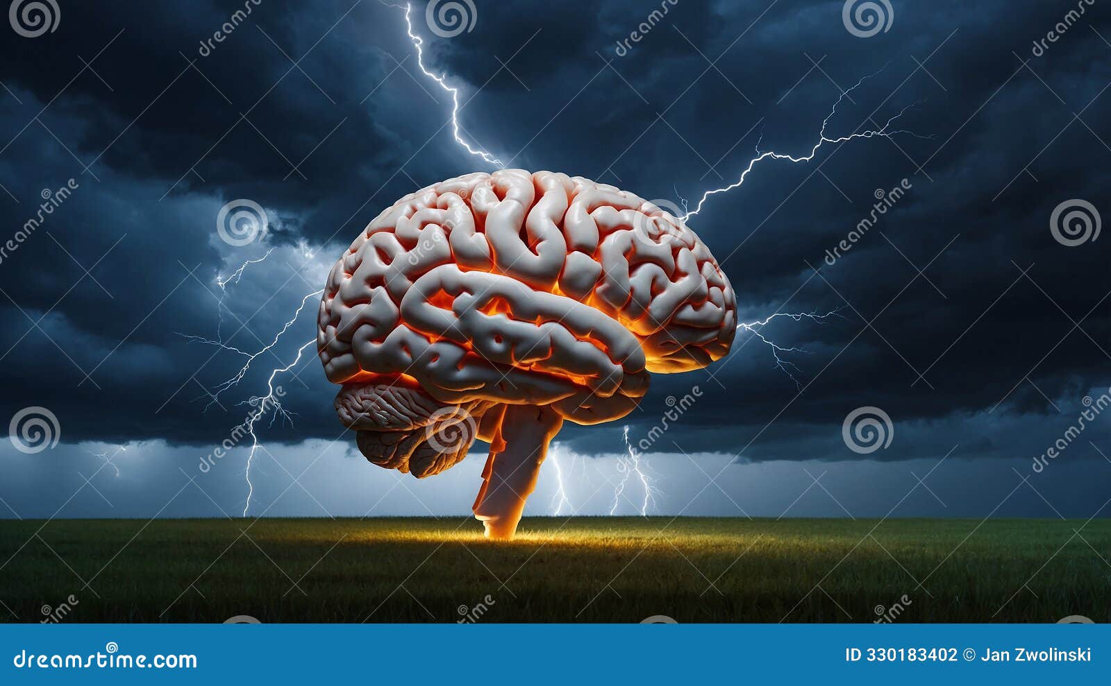 Human Brain in a Stormy Landscape with Lightning and Dark Clouds ...