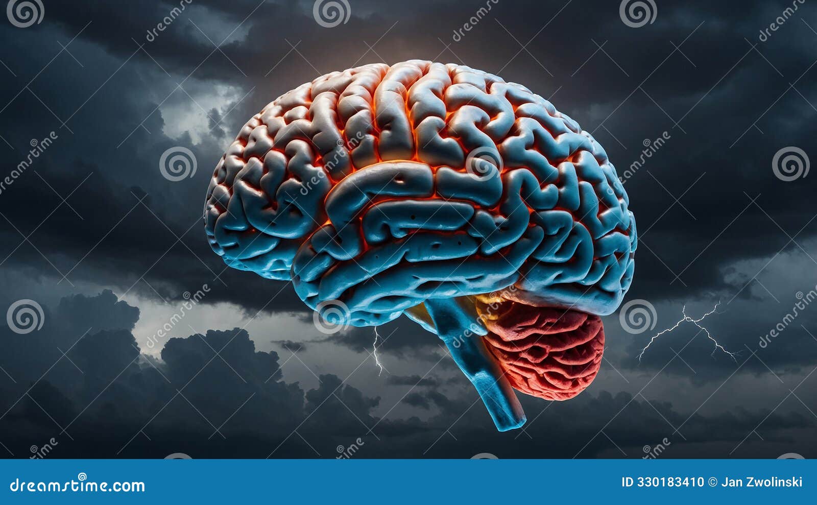 Human Brain in a Stormy Landscape with Lightning and Dark Clouds ...