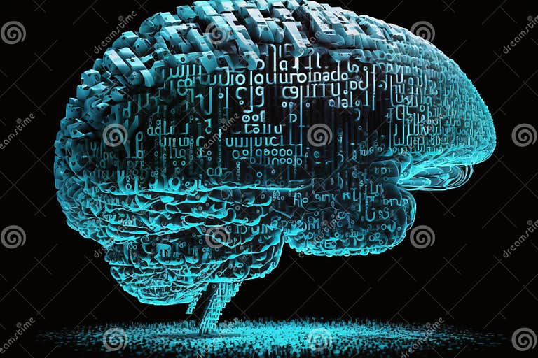 Human Brain in a Stream of Digital Codes. Artificial Intelligence. Generative AI Stock ...