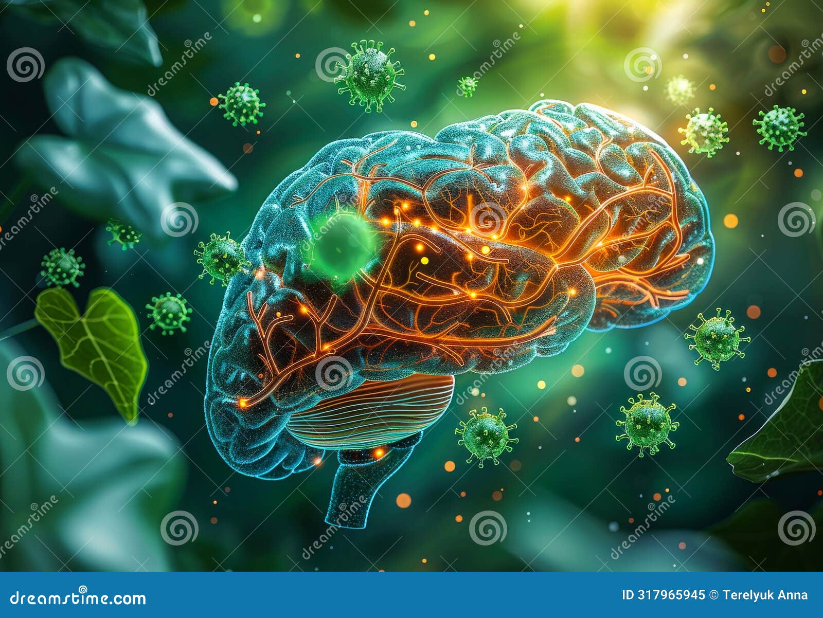 Human Brain is Surrounded by Virus Cells and Bacteria. Microscopic View ...