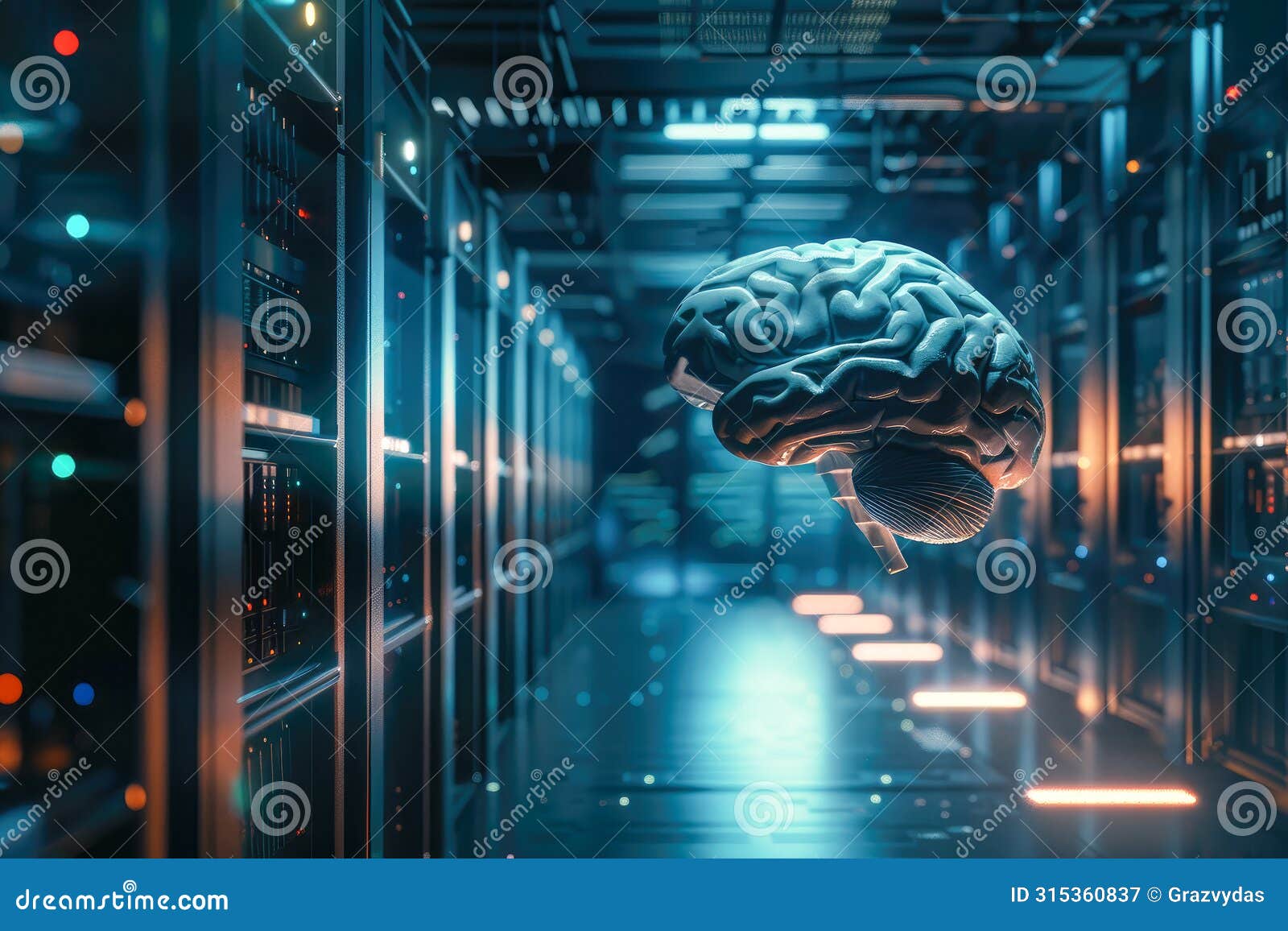 Human Brain Symbolizing Artificial Intelligence. Rack Servers in Data ...