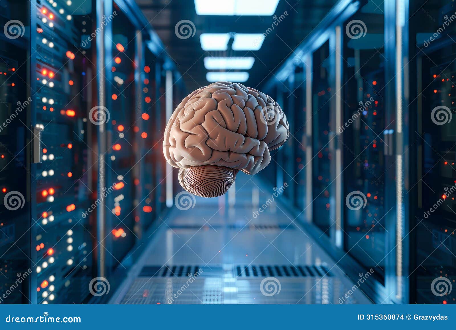 Human Brain Symbolizing Artificial Intelligence. Rack Servers in Data ...