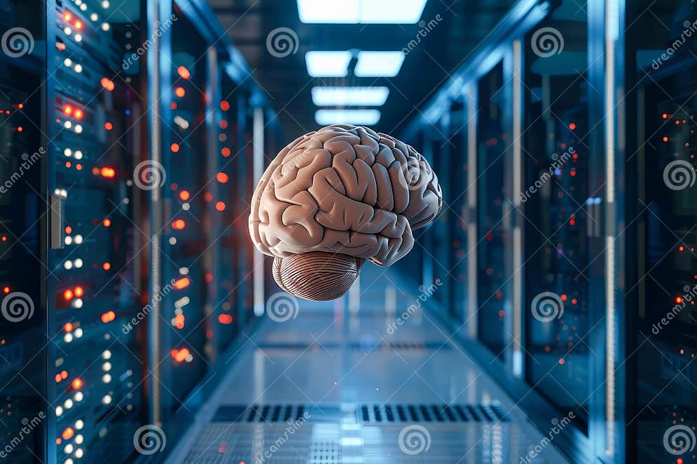 Human Brain Symbolizing Artificial Intelligence. Rack Servers in Data ...