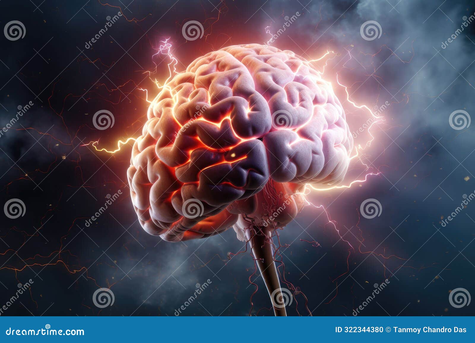 Human Brain with Thunderbolt, 3D Illustration, Mind Power Concept with ...