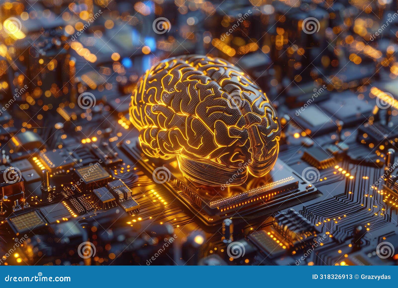 Human Brain on Top of a Circuit Board, Surrounded by Electronic ...