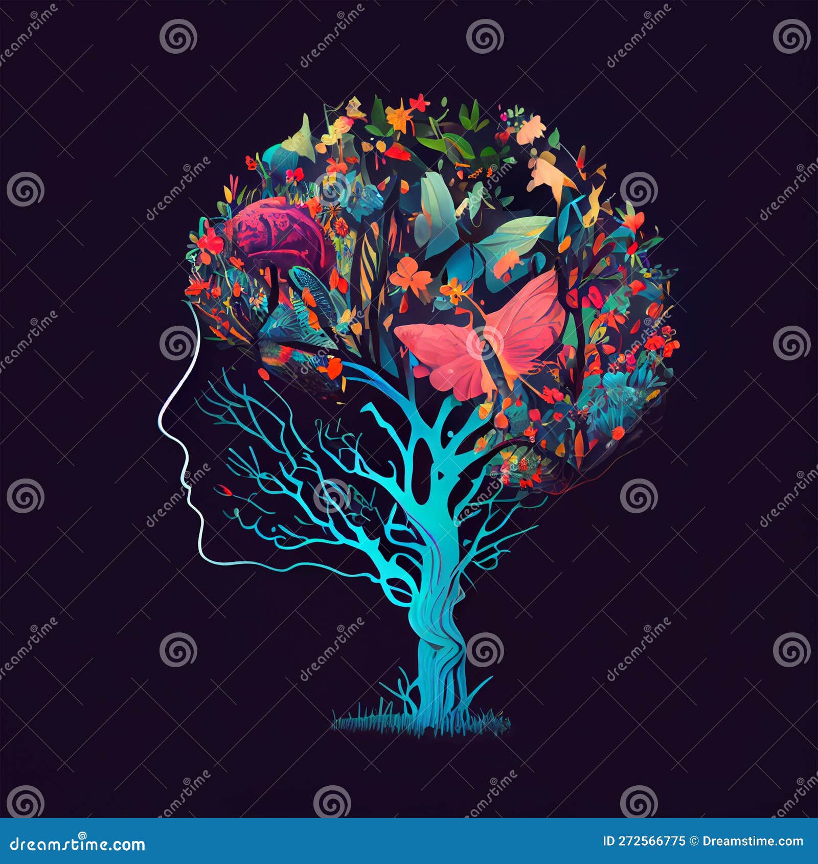 Human Brain Tree with Flowers and Butterflies, Concept of Self Care ...