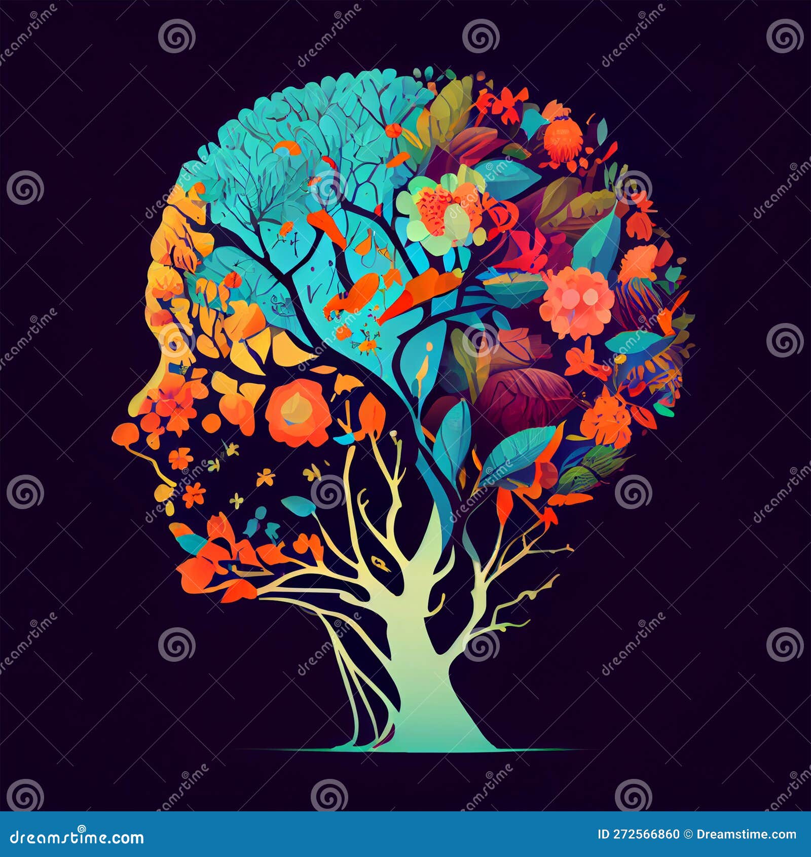 Human Brain Tree with Flowers and Butterflies, Concept of Self Care ...