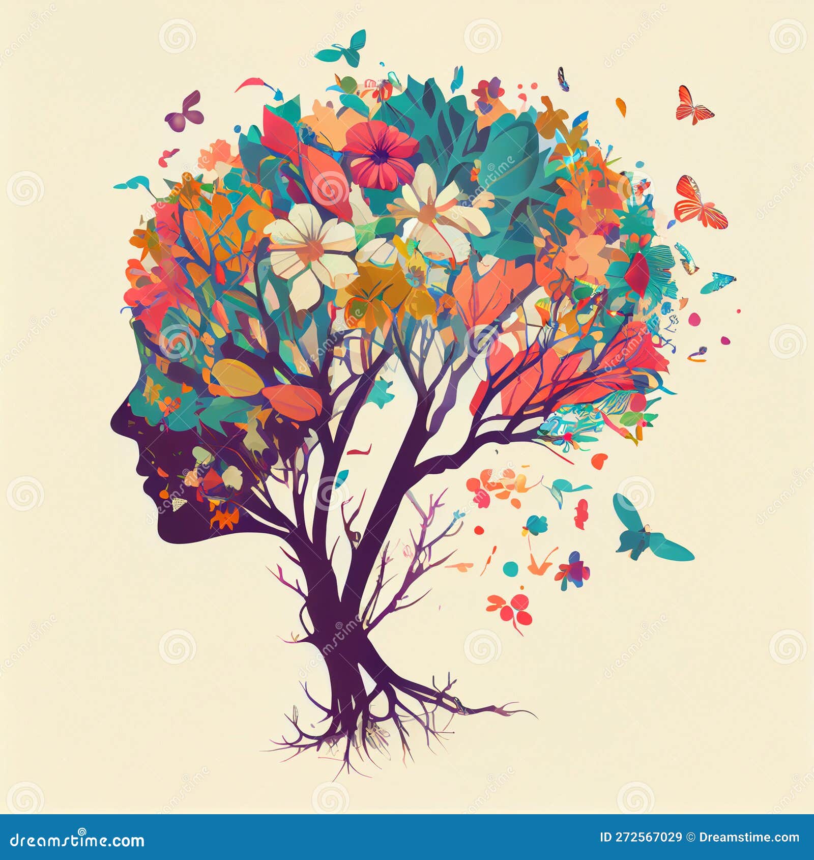 Human Brain Tree with Flowers and Butterflies, Concept of Self Care ...