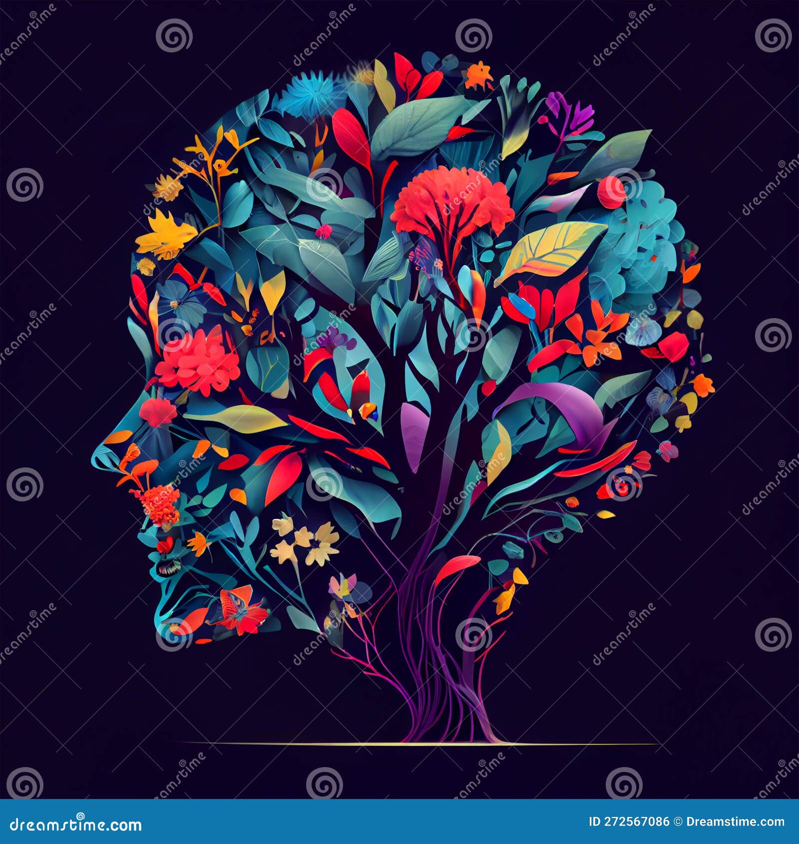 Human Brain Tree with Flowers and Butterflies, Concept of Self Care ...