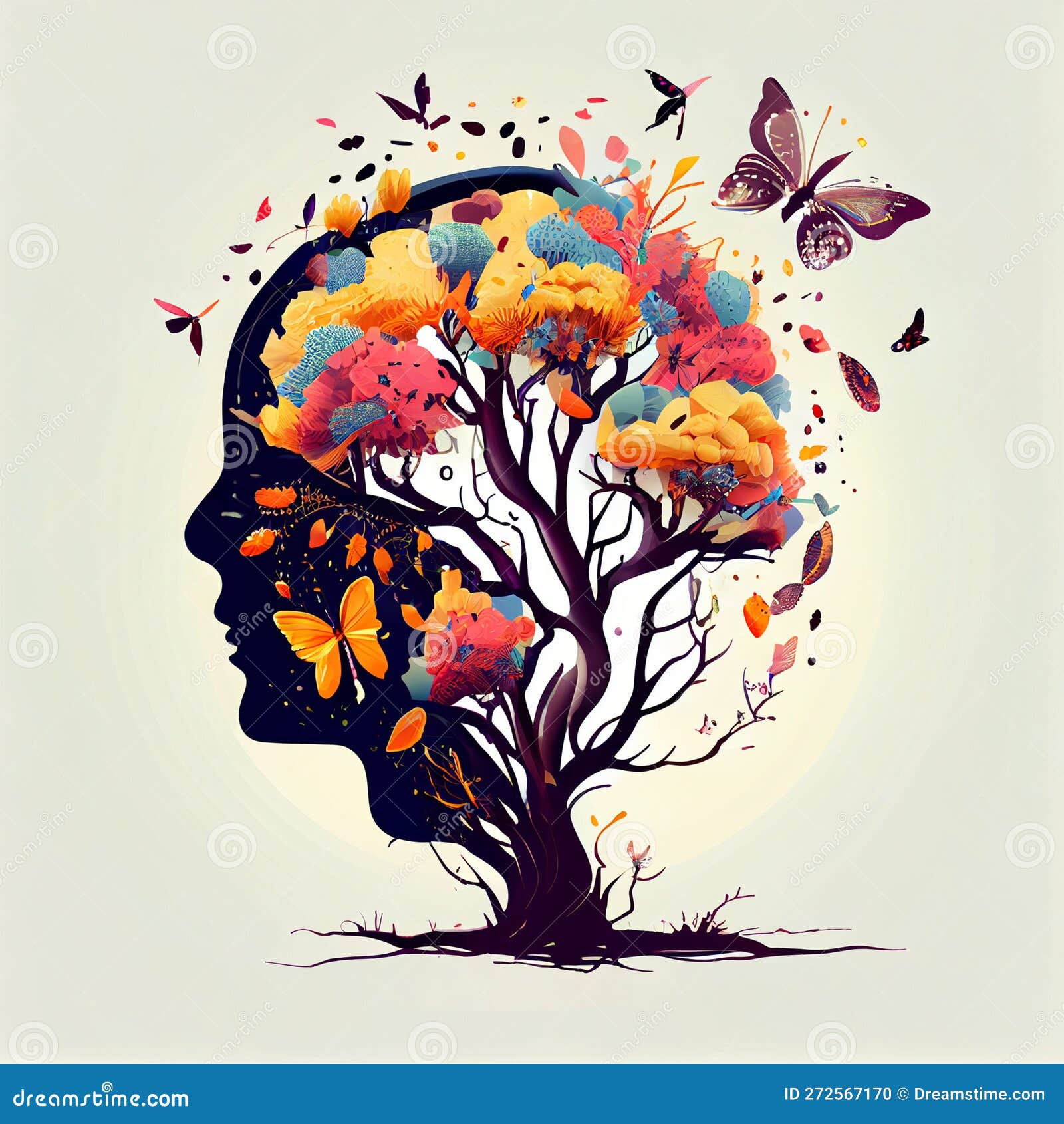 Human Brain Tree with Flowers and Butterflies, Concept of Self Care ...