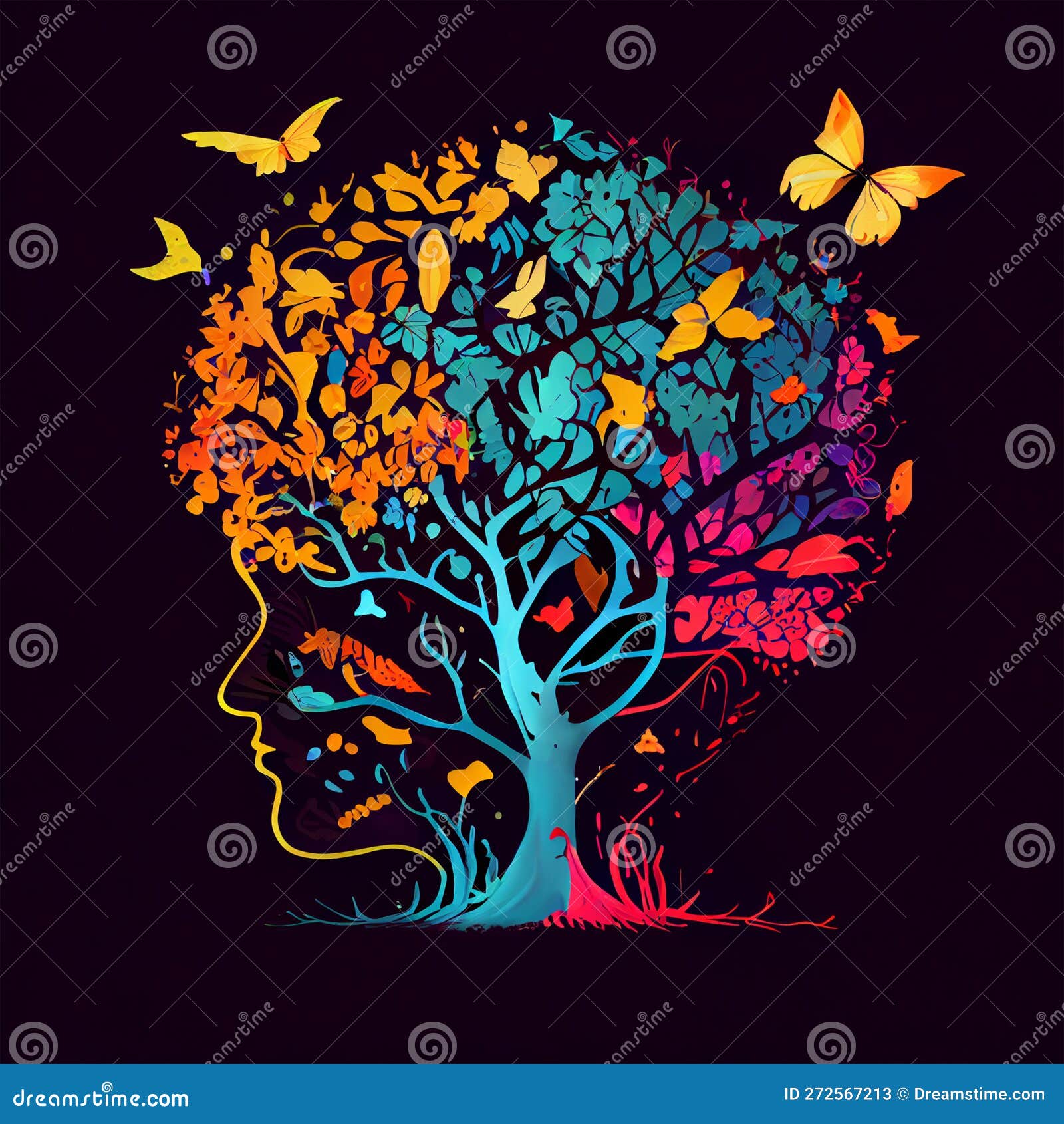Human Brain Tree with Flowers and Butterflies, Concept of Self Care ...
