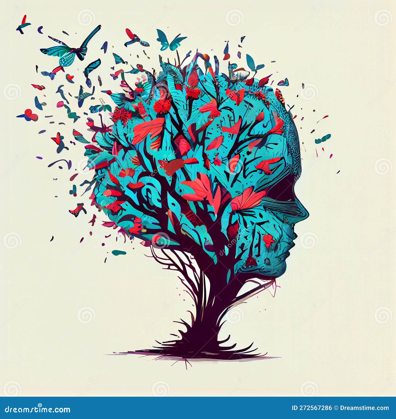 Human Brain Tree with Flowers and Butterflies, Concept of Self Care ...